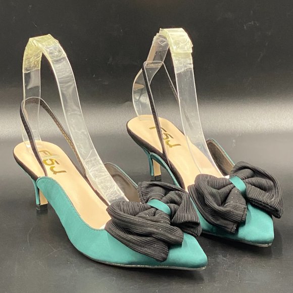 FSJ | Shoes | S Fsj Emerald Low Kitten Heel Slingback Bow Pointed Toe Pumps | Poshmark